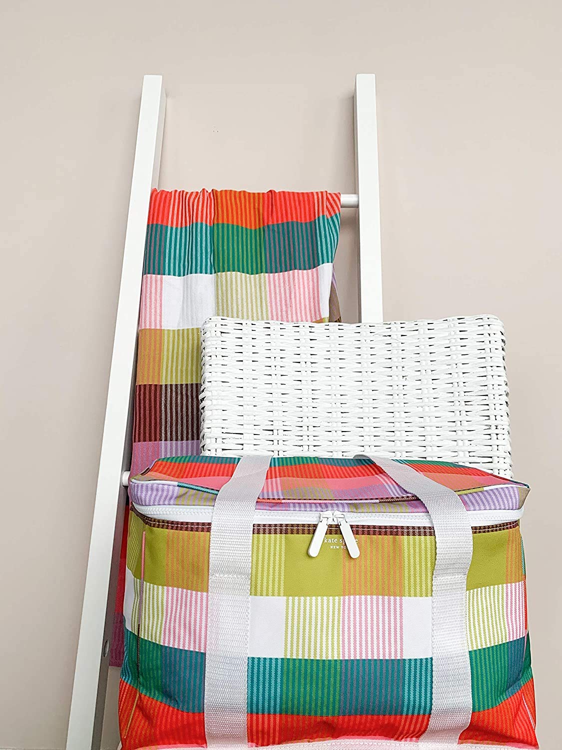 Kate Spade New York Large Capacity Insulated Cooler Bag, Soft Sided Portable Beach Cooler, Insulated Tote for Women, Rainbow Plaid