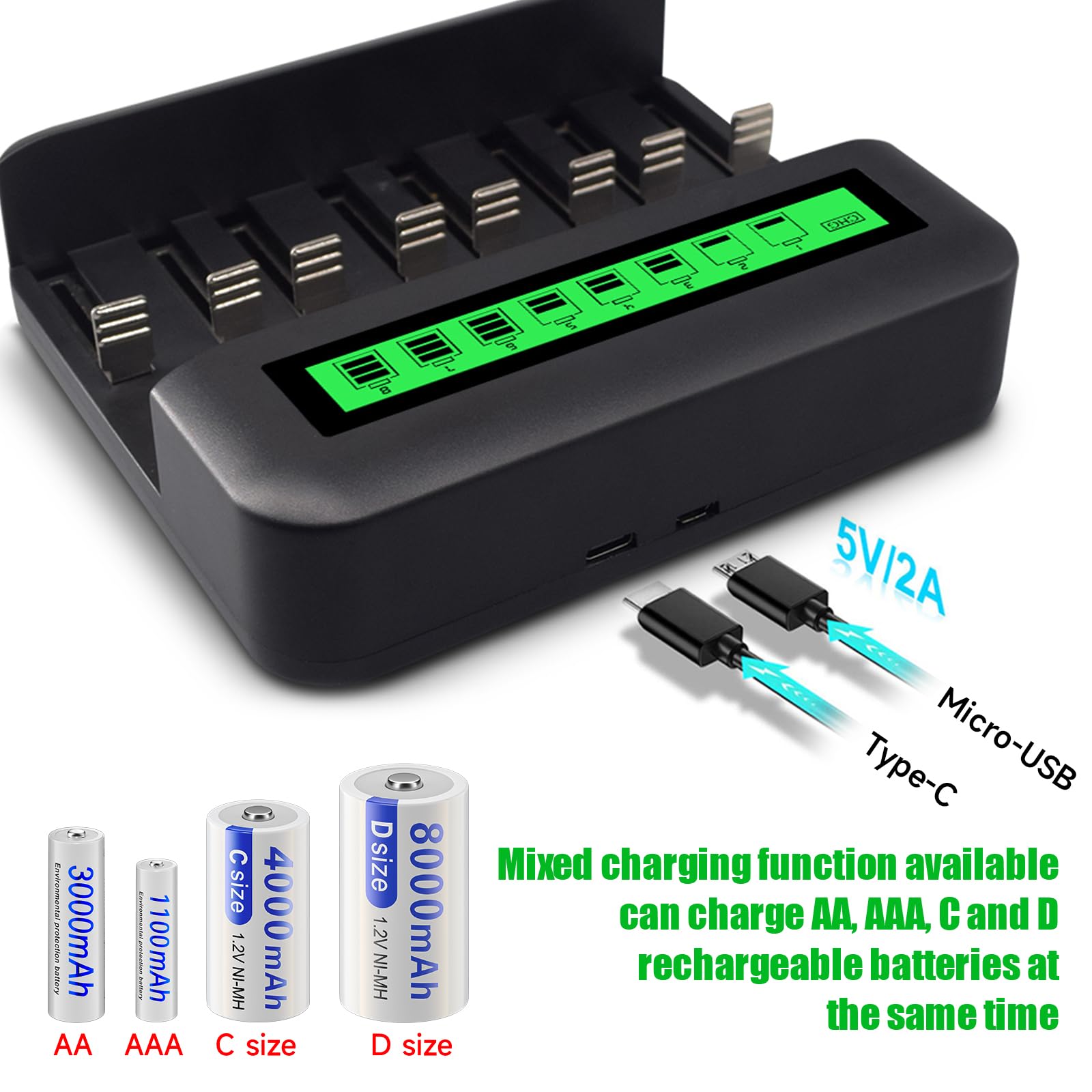 Rechargeable D Batteries with LCD Display Universal Battery Charger for AA/AAA/C/D 1.2V NI-MH NI-CD Rechargeable Battery(6 Pack )