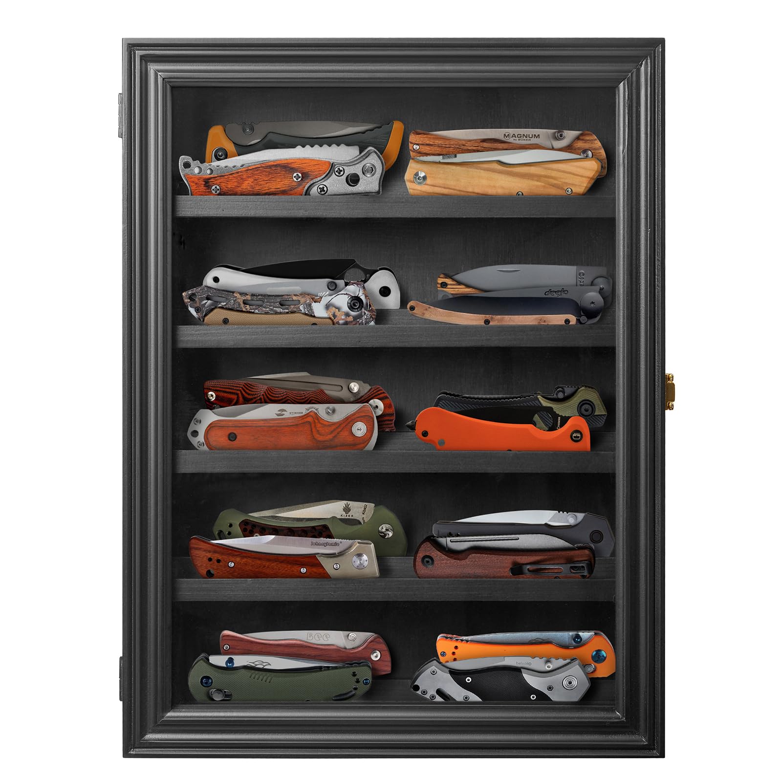 ZAYALI Pocket Knife Display Case for Wall, Pocket Knife Stand for Collections with Uv Protection Acrylic Lockable, 5 Rows Military Folding Knife Stand with Removable 2 Grooves Shelves Black