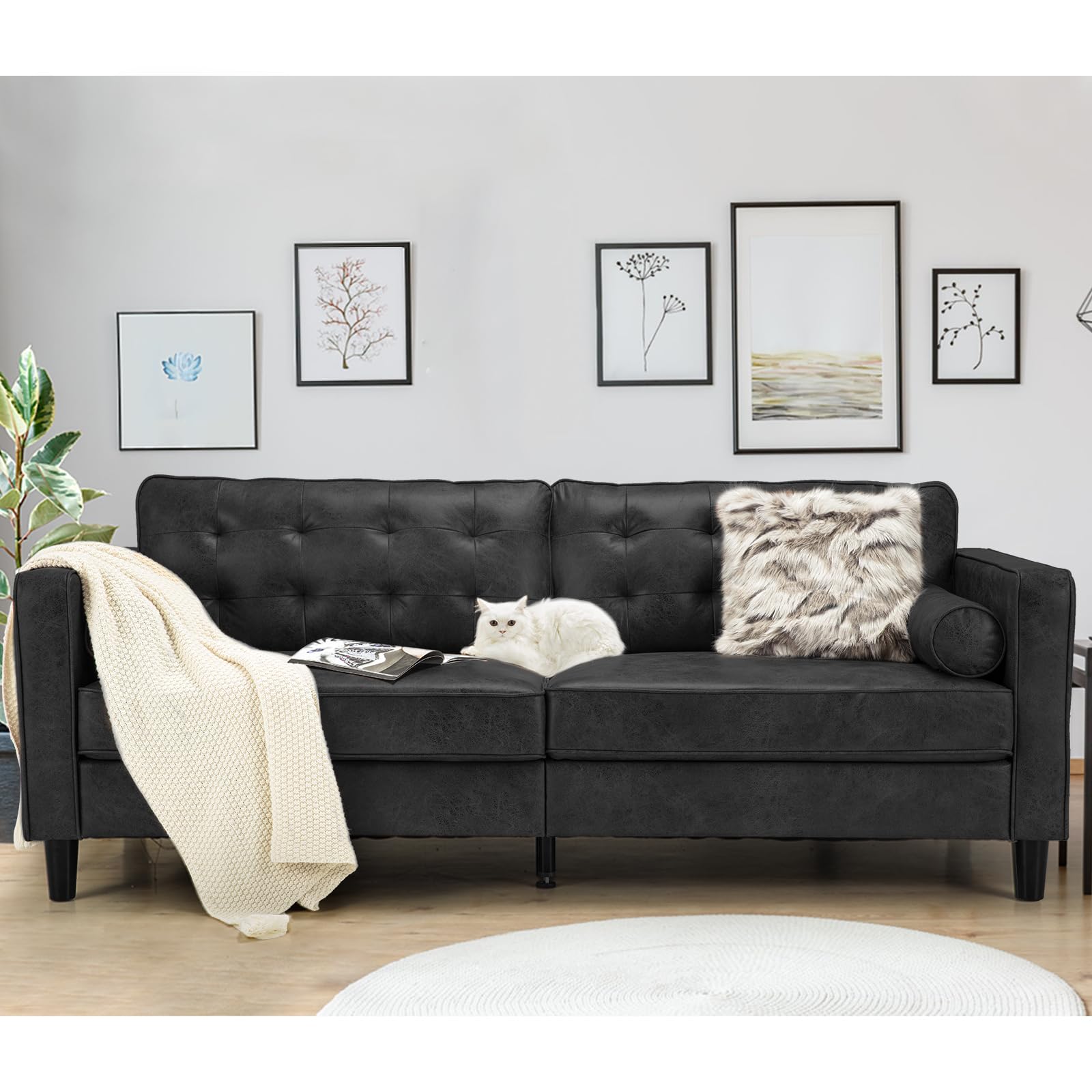 YODOLLA 84.2" Faux Leather Sofa Couch, Mid-Century Modern Sofa with 2 Bolster Pillows, 3 Seats Sofa Vintage Couch for Living Room, Studio and More, Black