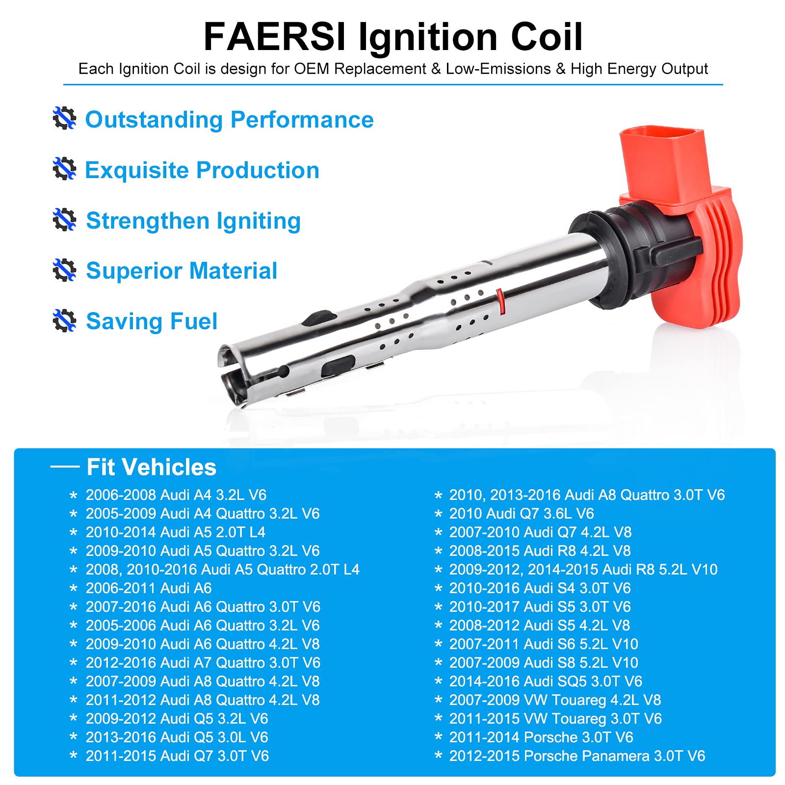 Ignition Coil Pack Set of 4 Replacement for Audi A4 A5 A6 A7 Q5 Q7 R8 S4 S5 S6 S8 SQ5 & VW Touareg, Replaces OE# 06E905115E