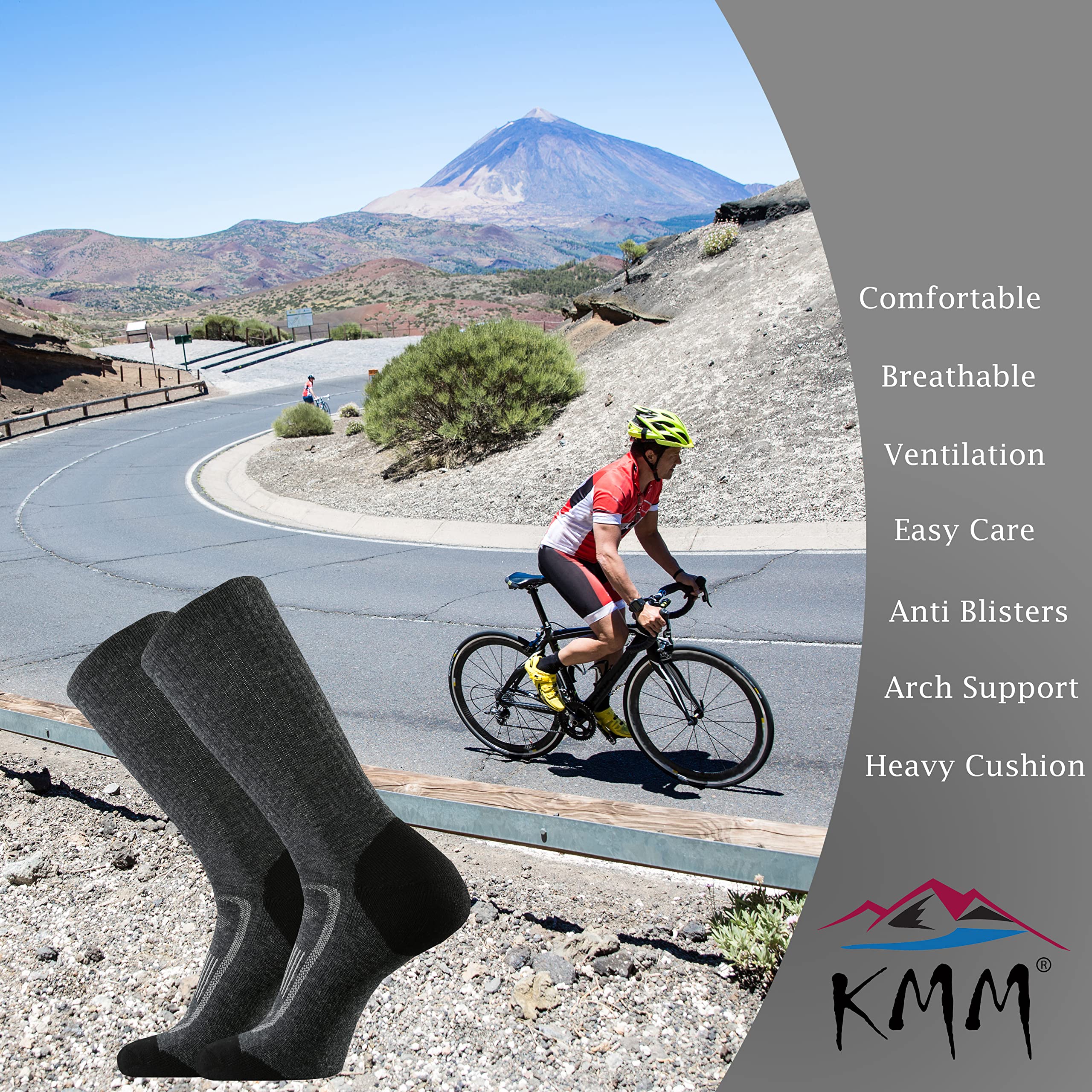KMM Men's Merino Wool Cushion Crew Socks Moisture Wicking Control Medium Weight Warm for Outdoor Hiking Hike Trail Cycling(DarkGray XL)