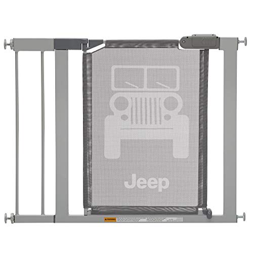 Jeep Adjustable Baby and Pet Safety Gate by Delta Children | Easy Fit | Pressure Mount | Design with WalkThrough Door โ Fits Openings Between 28.5-40 Inches Wide, Grey