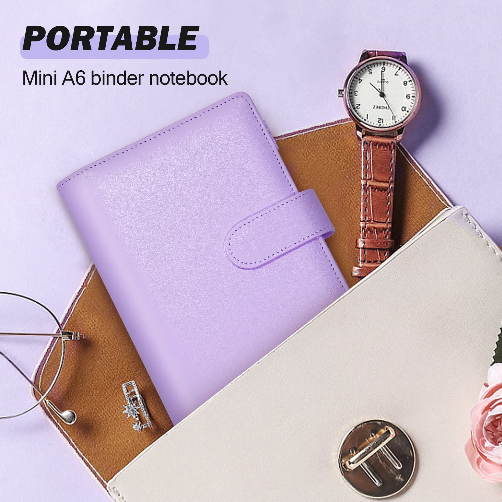 KTRIO A6 Budget Binder with Zipper Envelopes, Cash Envelopes for Budgeting, Money Organizer for Cash, Bill Money Saving Binder Planner, 26PCS A6 PU Leather Budget Notebook System, Gift - Purple
