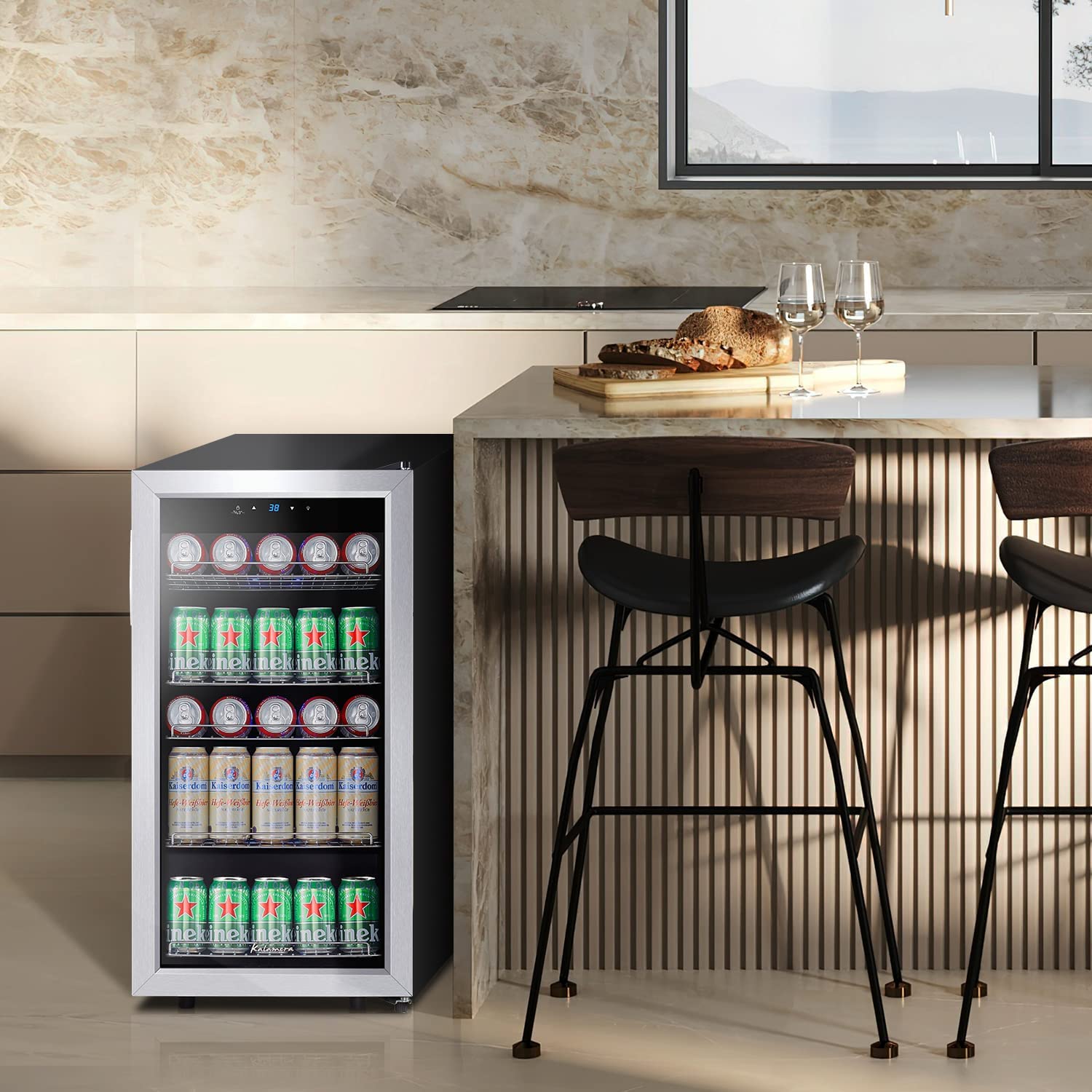 Kalamera 24 inch Stainless Steel Beverage Refrigerator, Under Counter Beverage Cooler for 154 Cans with 32-41℉ Temperature Range - Soda and Beer Refrigerator with Soild Stainless Door