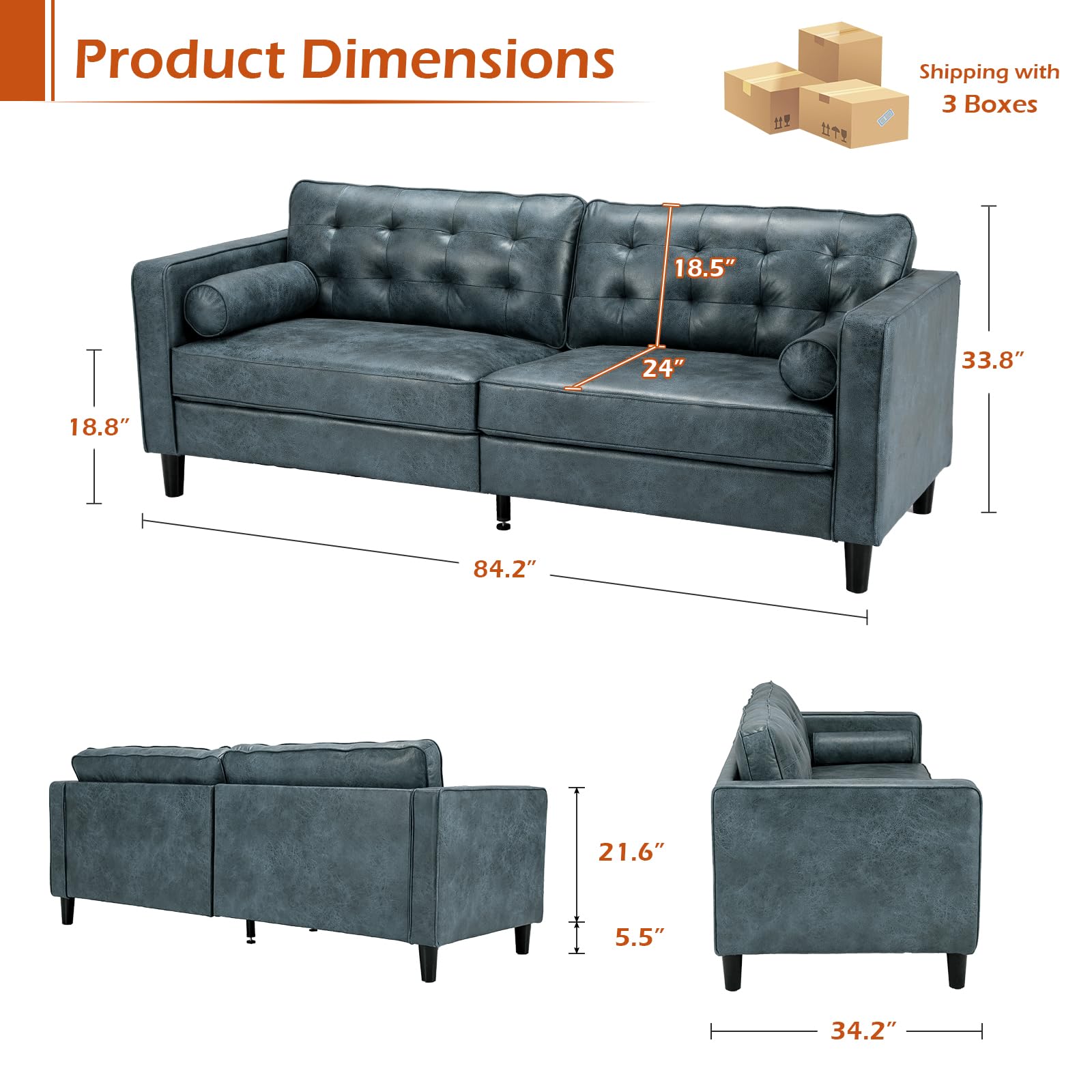YODOLLA 84.2" Faux Leather Sofa Couch, Mid-Century Modern Sofa with 2 Bolster Pillows, 3 Seats Sofa Vintage Couch for Living Room, Studio and More, Blue