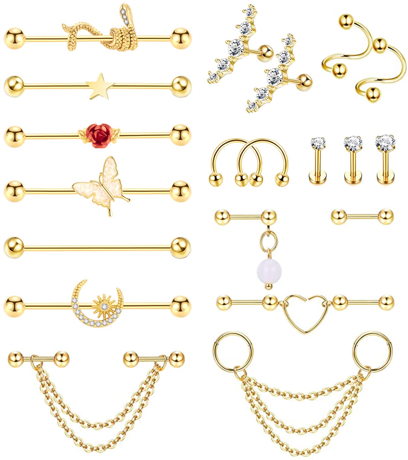 NICEIGHT 20Pcs 316L Stainless Steel Industrial Barbell Earring Cartilage Earring Helix Tragus Studs Conch Daith Piercing Jewelry G