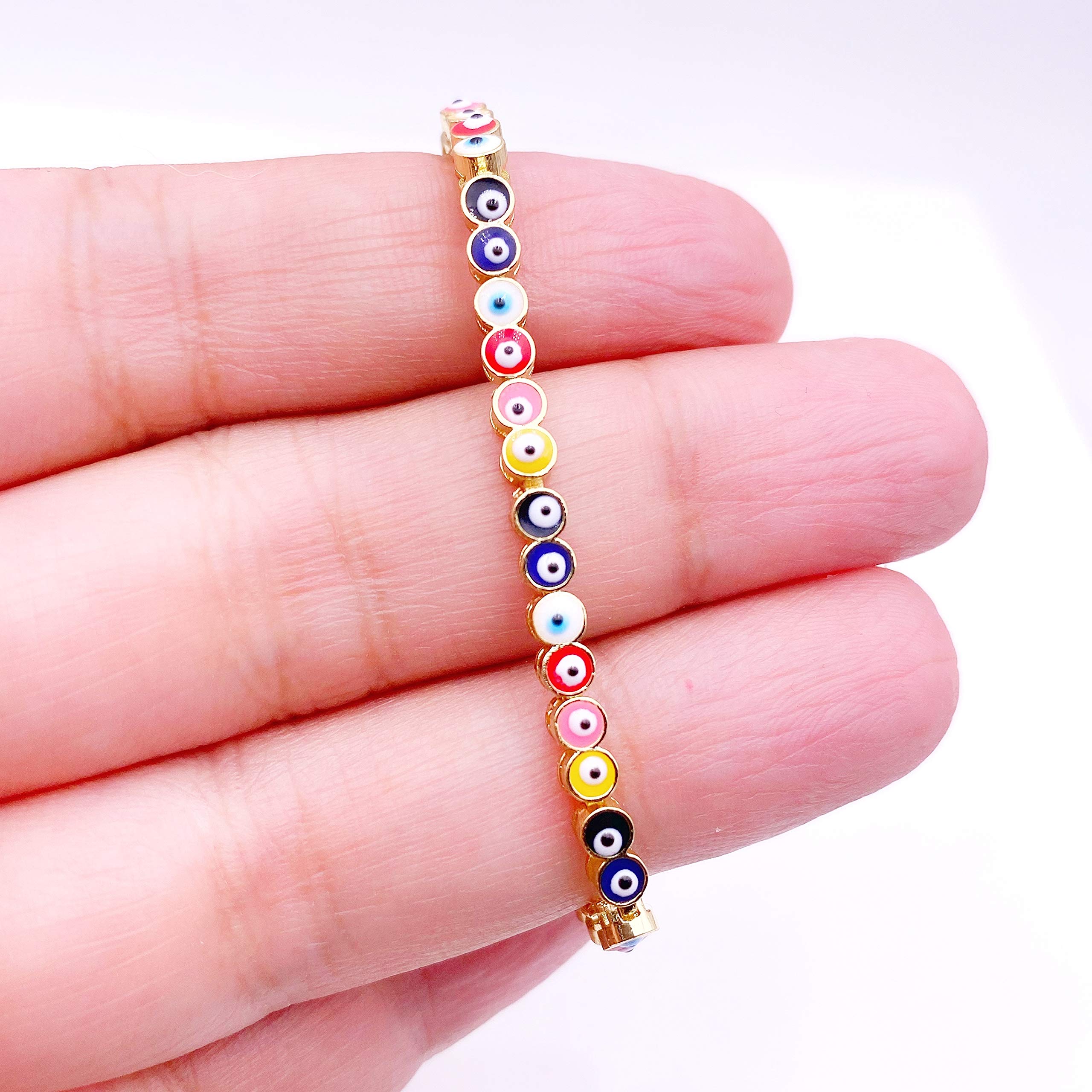 LESLIE BOULES Multicolored Strand Evil Eyes Bracelet 18K Gold Plated Adjustable Chain Protection Jewelry