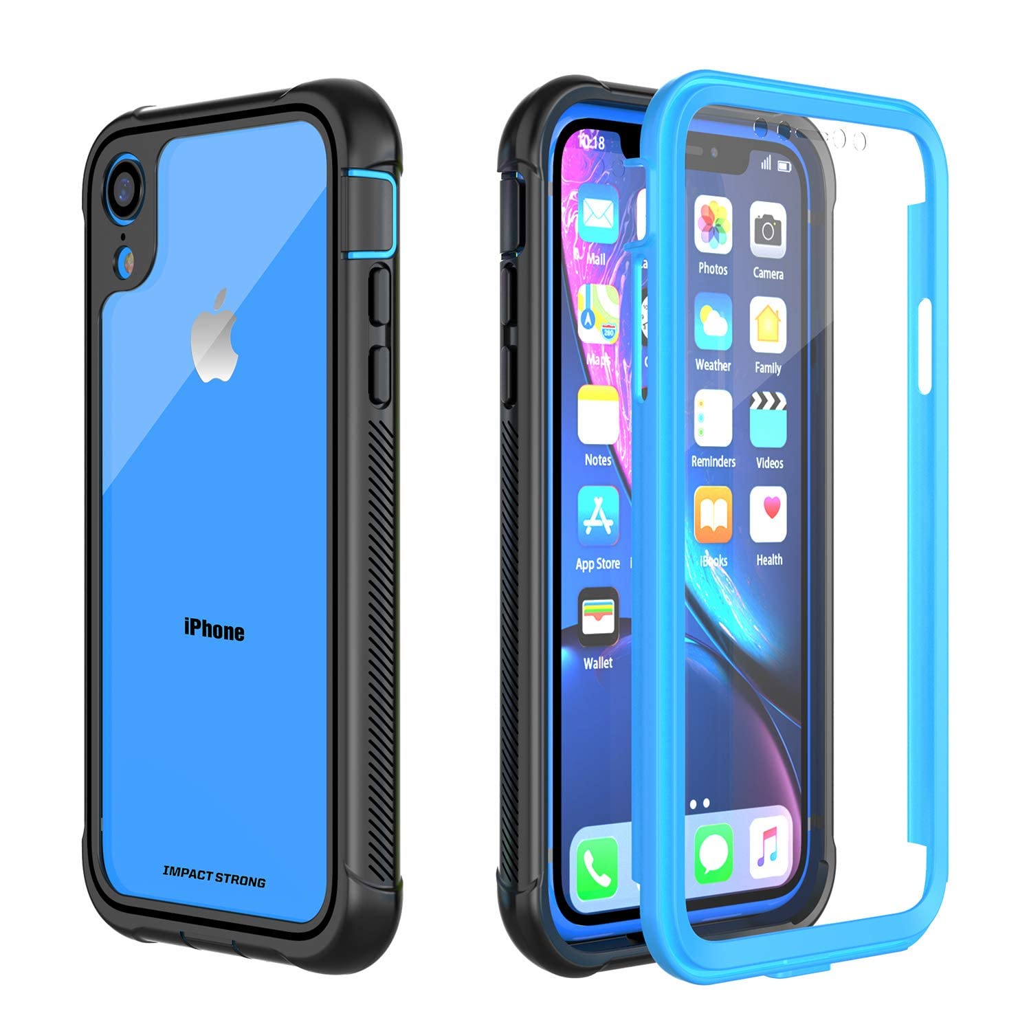 ImpactStrong Clear Case for iPhone XR, Ultra Protective with Built-in Clear Screen Protector Transparent Full Body Cover (Blue)
