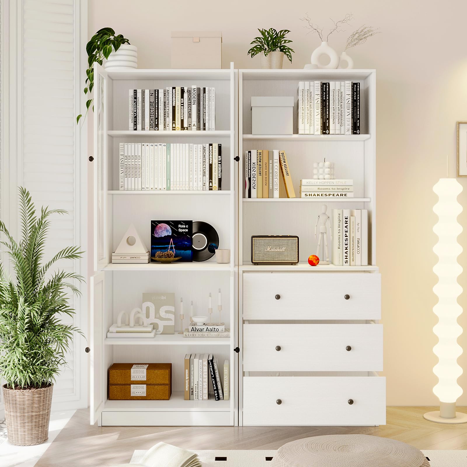 TUSY 71" Bookshelf Bookcase, 3-Tier Modern Bookshelves 3 Large Drawer, Wood Filing Cabinet with Open Storage Shelf, Glass Doors 5-Tier Fixed Storage Shelves for Home Office