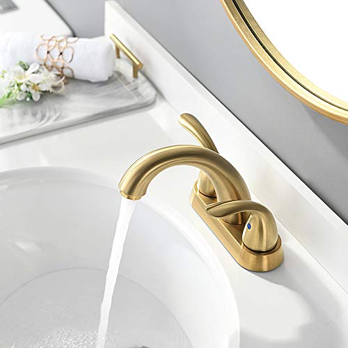 Phiestina Brushed Gold 4 Inch Centerset 2 or 3 Holes 2 Handle Bathroom Faucet, Bathroom Faucet with Copper Pop Up Drain and Water Supply Lines, BF008-5-BG