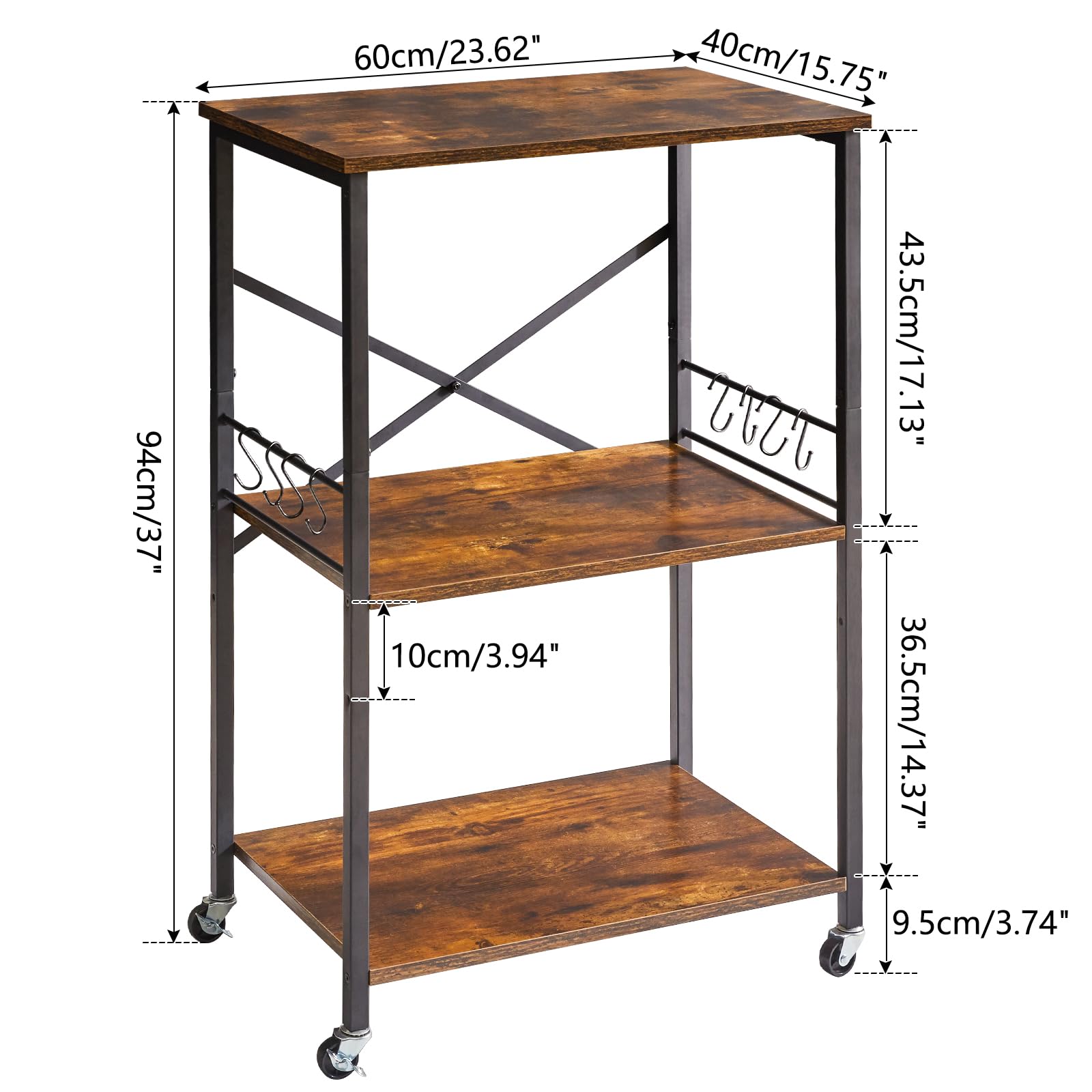 IBUYKE Kitchen Shelf Cart, 3-Tier Microwave Oven Stand, Baker’s Rack with Metal Frame and 8 Hooks, Industrial Printer Stand, Utility Standing Storage Shelf for Coffee Bar, Simple Assembly, TMJ023H