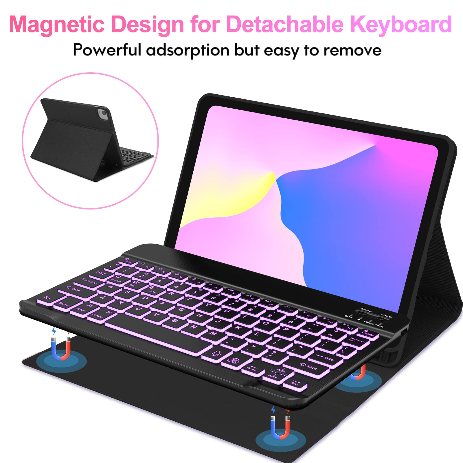 iPad Air 5th Gen 2022/4th Gen 2020 Keyboard Case 10.9 Inch, Smart 7 Colors Backlit and Detachable Wireless Keyboard, Slim Folio Cover with Pencil Holder, for Pro 11 Inch 4th/ 3rd/ 2nd/ 1st Gen, Black