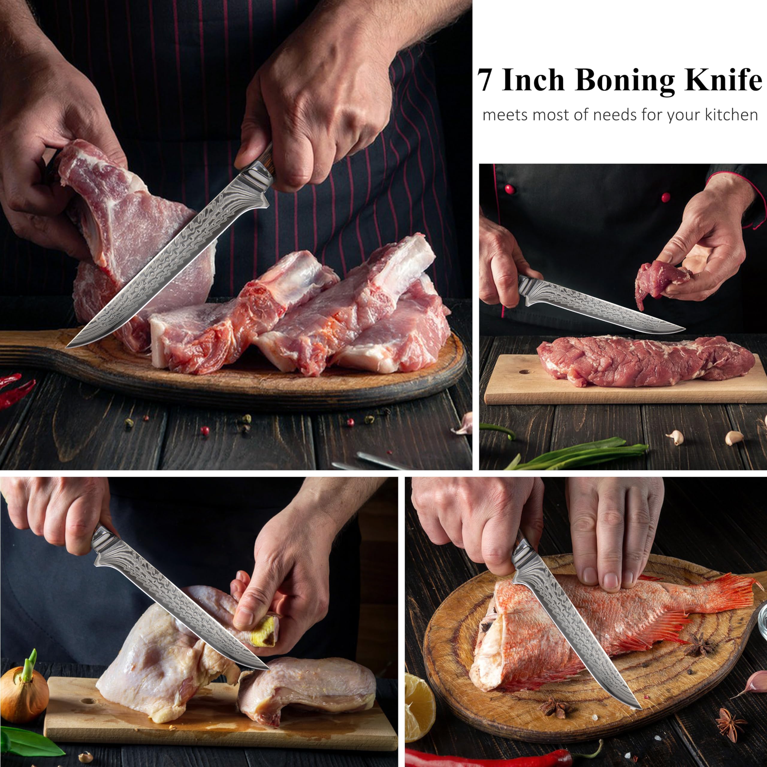 RedCall Boning & Fillet Knife,Ultra Sharp Japanese Boning Knife,Damascus Steel Butchers Knife,Full Tang & Ergonomic Handle Ideal Gift