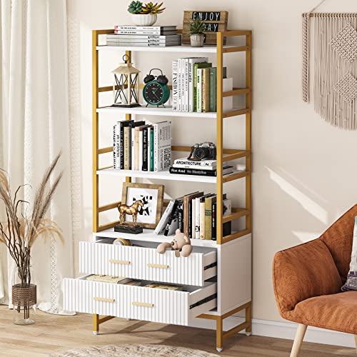 Tribesigns Bookshelf with Drawers, 65ā Tall Ladder Shelf Bookcase with Storage, Modern White and Gold Bookcases and Book Shelves 4 Shelf Organizer, Metal Wood Book Shelving Unit for Bedroom, Office