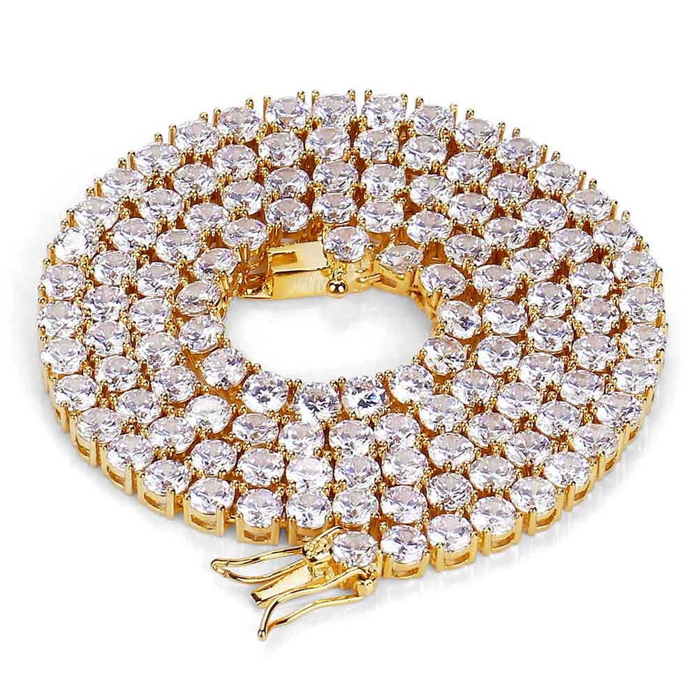 JINAO 18K Gold Plated 1 Row 4MM Rhinestone Iced Out Cubic Zircon Hiphop Tennis Necklace 20"