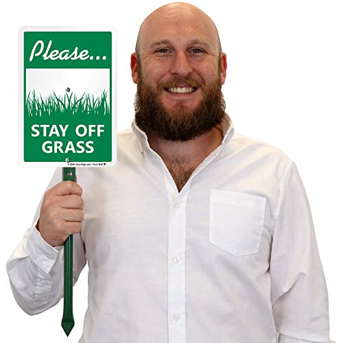SmartSign 10 x 7 inch “Please Stay Off Grass” Yard Sign and Stake Kit, 40 mil Laminated Rustproof Aluminum, Black/Red on White, Set of 1