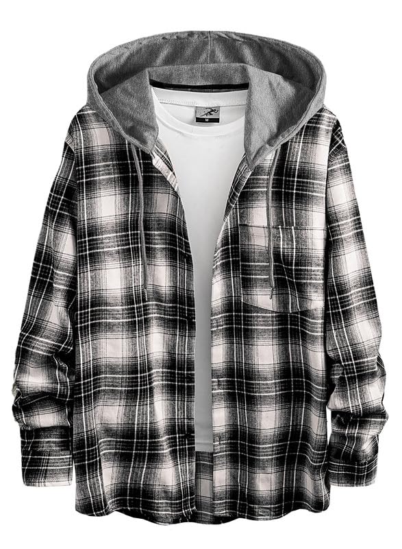 JMIERR Flannel Hoodies for Men Casual Button Down Plaid Long Sleeve Lightweight Winter Shirts Jackets,US 46 (XL),1Black