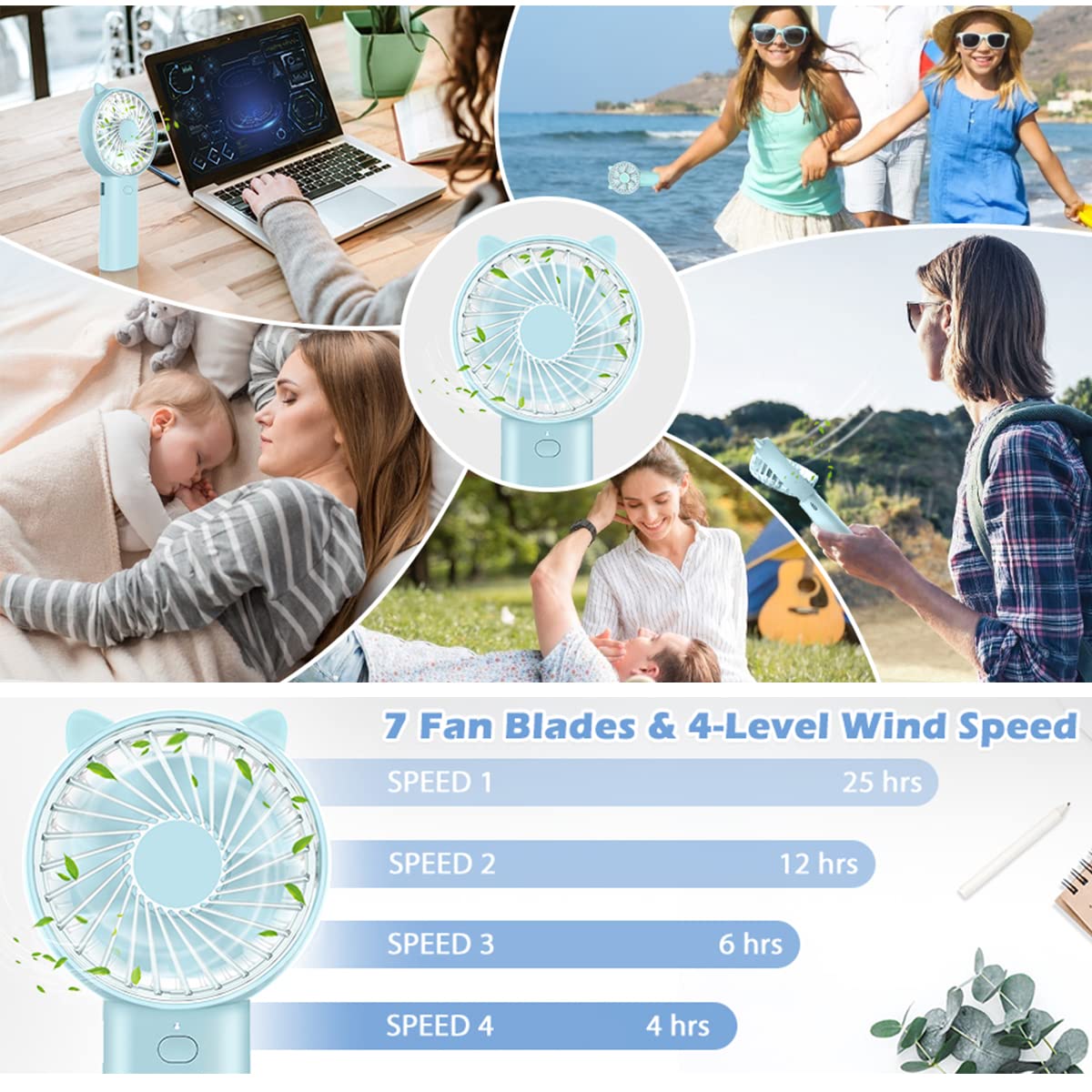 Mini Handheld Fan, USB Desk Fan Small Personal Portable Fan 4 Speed Adjustable Personal Fan for Outdoor travel Home and Office(Blue)