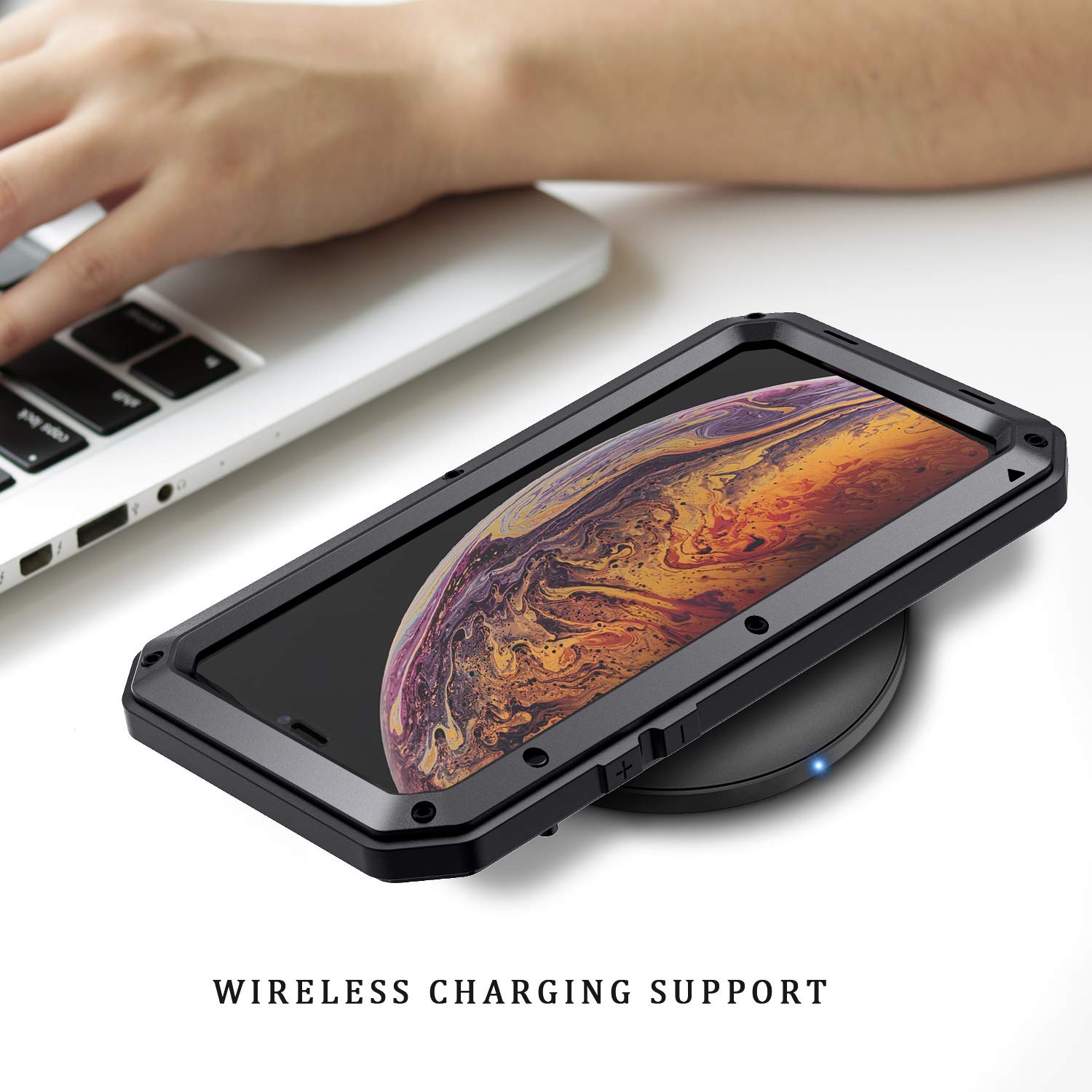 Lanhiem iPhone Xs Max Metal Case, Heavy Duty Shockproof [Tough Armour] Rugged Case with Built-in Glass Screen Protector, 360 Full Body Protective Cover for iPhone Xs Max (6.5" 2018) -Black