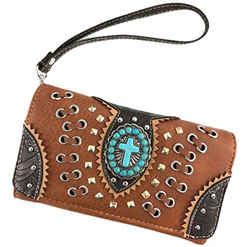 Justin West Floral Tooled Embroidered Western Turquoise Stone Cross Conceal Carry Handbag Purse (Brown Handbag Wallet Set)