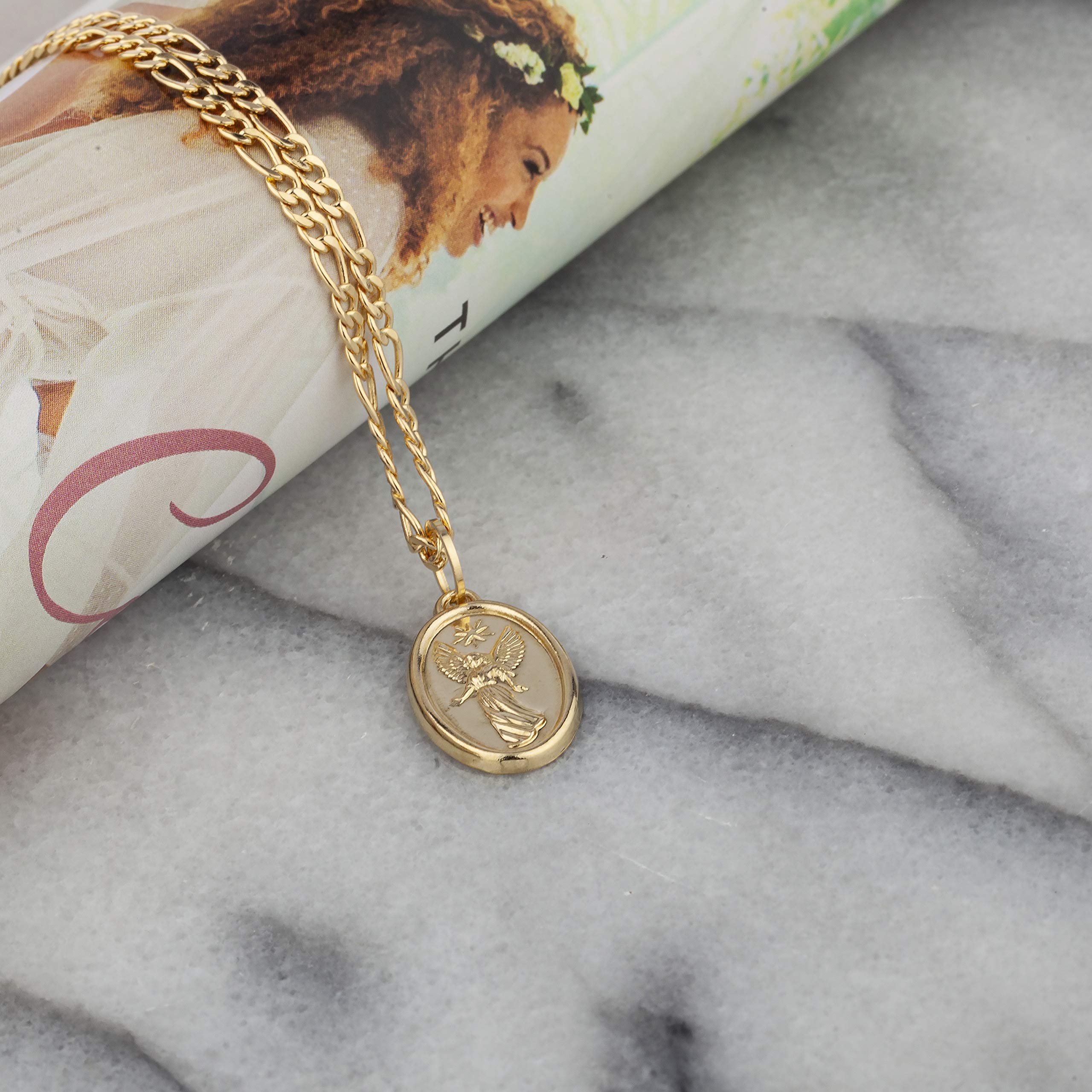 JOTW 14K Yellow Gold Oval Guardian Angel Charm with 18 inch Gold Overlay Figaro Chain Necklace BSG-58