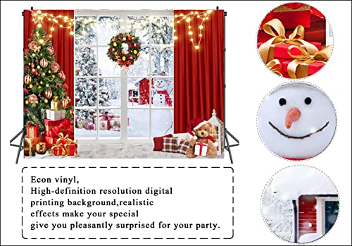LTLYH Red Christmas Backdrop 8x6ft Winter Snow Window Christmas Photo Decorations Backdrop Christmas Party Banner Photoshoot Backdrops Xmas Photo Booth Props Background