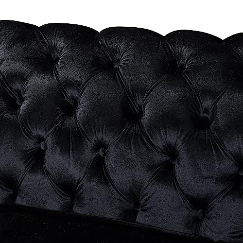 WILLIAMSPACE 81.1" Tufted Velvet Sofa Couch for Living Room, 3 Seater Button Sofa with Stainless Steel Gold Plating Decoration, Comfy Soft Upholstered Couch with 2 Pillows - Black