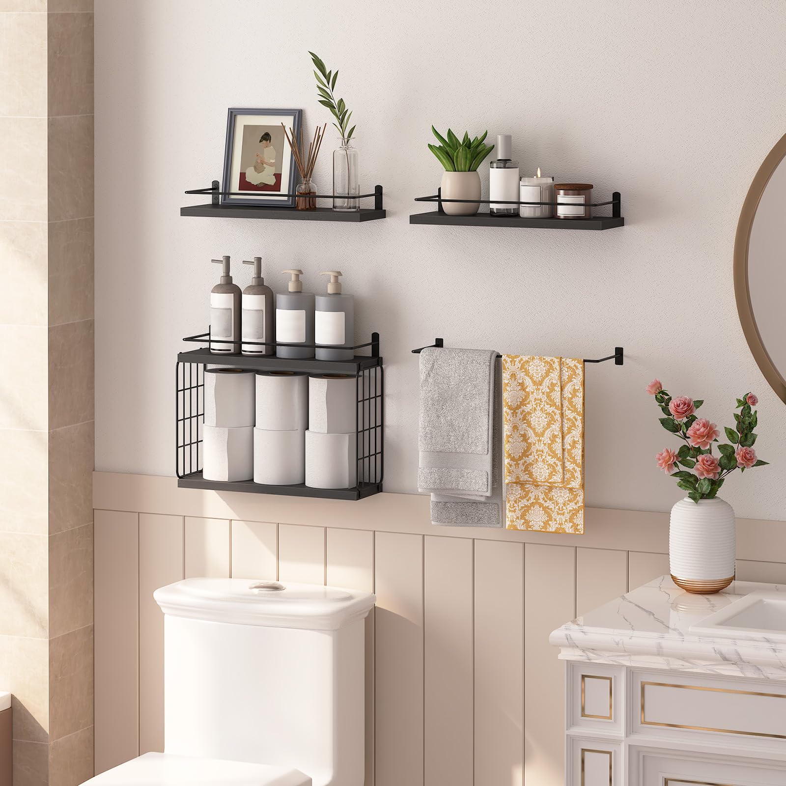 HOOBRO 4+1 Tier Floating Shelves, Bathroom Shelves Over Toilet with Wire Storage Basket, Wall Mounted Floating Shelf Organizer, Rustic Brown BF30BJ01