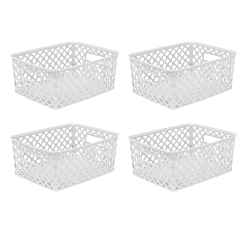 Starplast Small Decorative Baskets 4-Pack: 4 Pieces Ample Plastic Accessory Storage Set, Criss-Cross Design 10 x 7.8 x 4.2 Inches, 2 Colors, 15-114