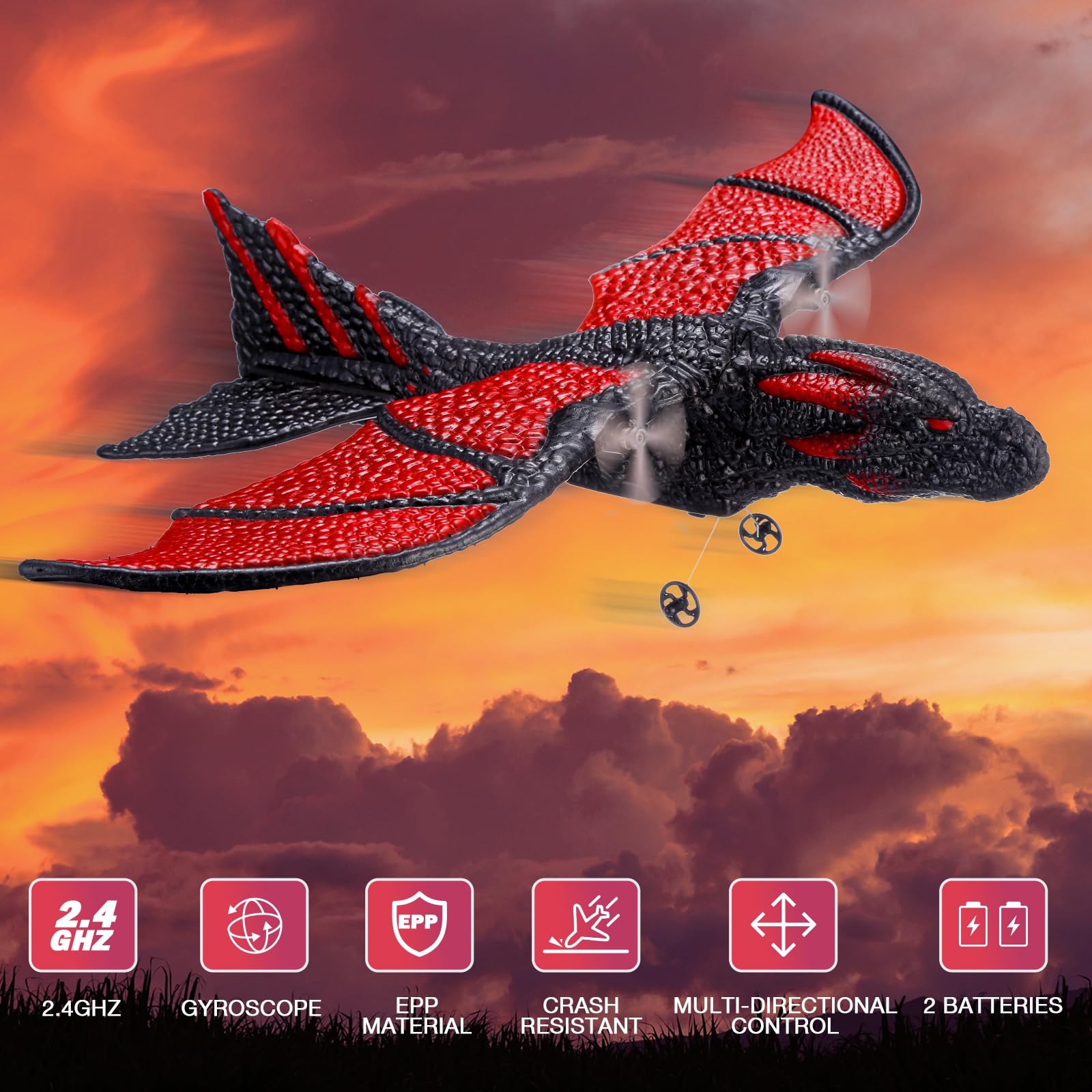 joykey RC Plane for Beginners, Remote Control Dragon Airplane, 2-CH Read to Fly Dragon & 6-axis Gyro Stabilizer, Two Rechargeable Batteries, Easy to Fly for Adults, Boys & Girls