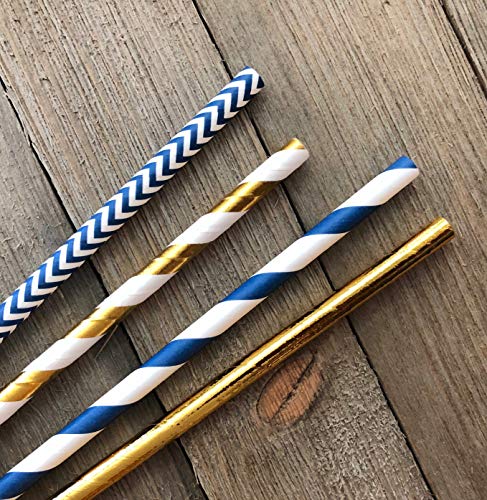Navy Blue and Gold Foil Paper Straws - Stripe Chevron Solid - 100 Pack