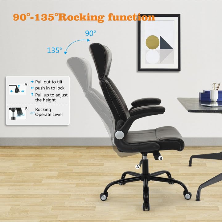 HOME OFFICE CHAIR, Ergonomic Desk Chair with Flip-Up Arm, Office Mesh Chair Leather Computer Chair High Back with Lumbar Support Executive Height Adjustable Rolling Swivel Task