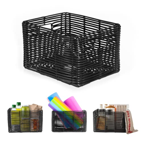 Yes4All Large Rectangle Wicker Baskets For Storage, Large Storage Basket For Organizing, Woven Organizing Basket For Decorative, Black Rectangular Storage Basket, Large Wicker Basket With Metal Handle