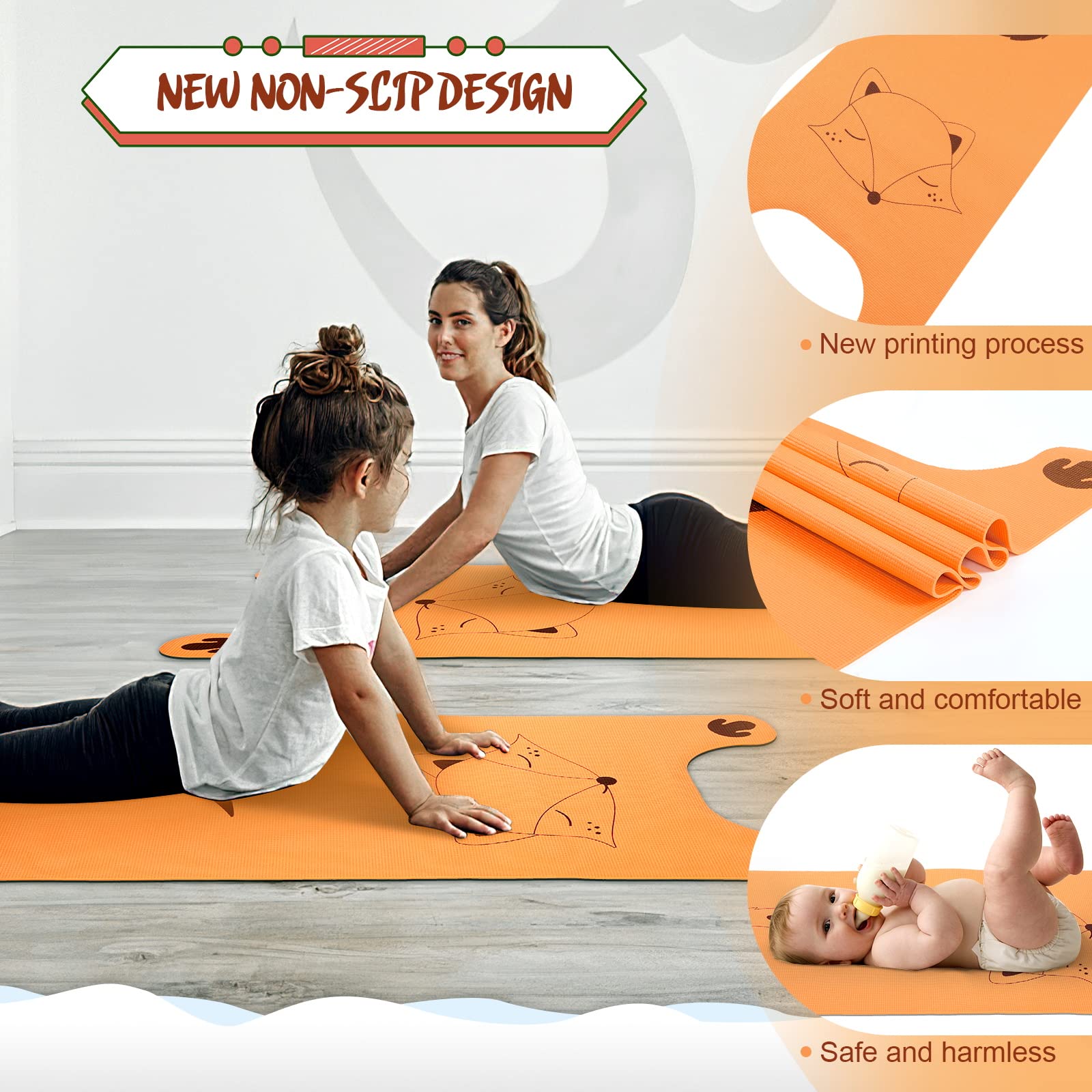 Kids Yoga Mat, Non Slip Playmat Excercise Mats 5mm Thick, Unique Fox Design Yoga Mats, Multi Purposed Mats