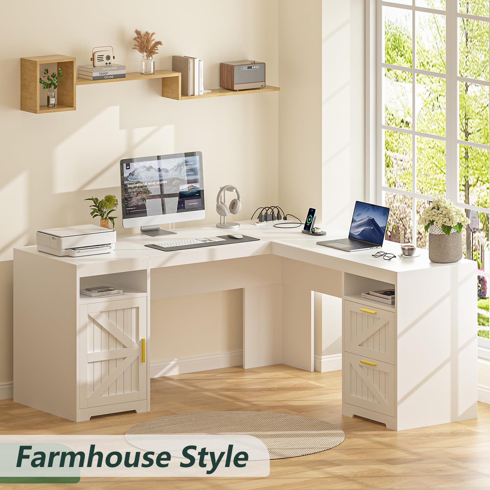 YOMILUVE 59" Farmhouse L Shaped Desk with Drawers & Storage Shelf, Corner Computer Desk with Power Outlets for Home Office, Executive Desk with Printer Shelf, White