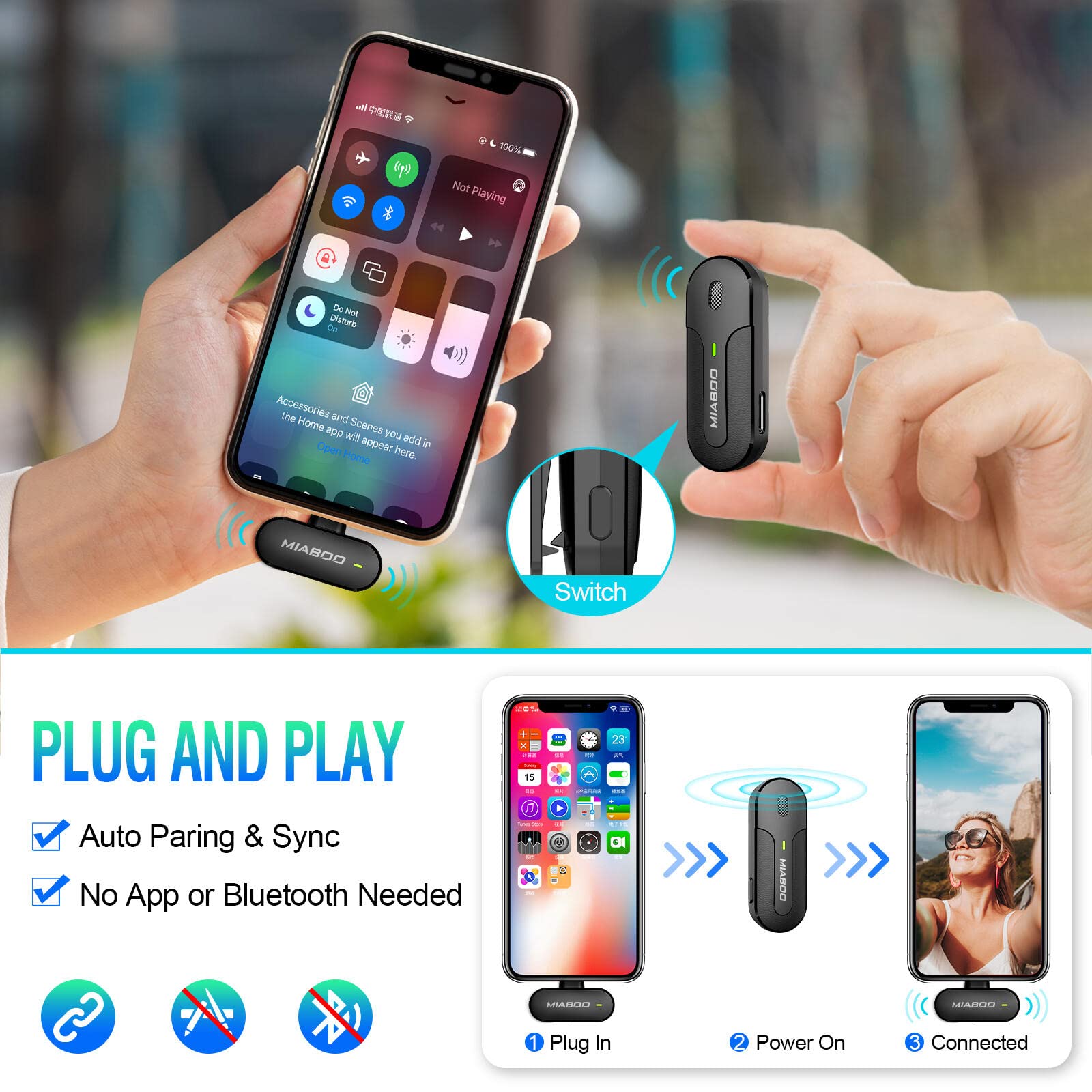 MIABOO Wireless Lavalier Microphone for iPhone iPad, 2 Pack Plug-Play Clip On Lapel Mic with Portable Storage Case, Auto Sync & Noise Reduction for iPhone Video Recording, Interview, YouTube, Vlog