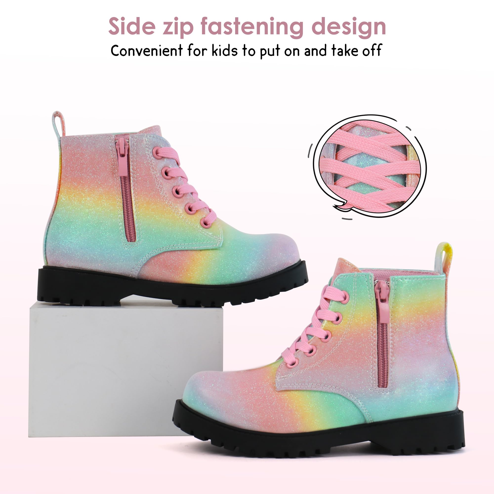 JABASIC Girls Ankle Boot Side Zipper Lace Up Work Boots (2,Rainbow)