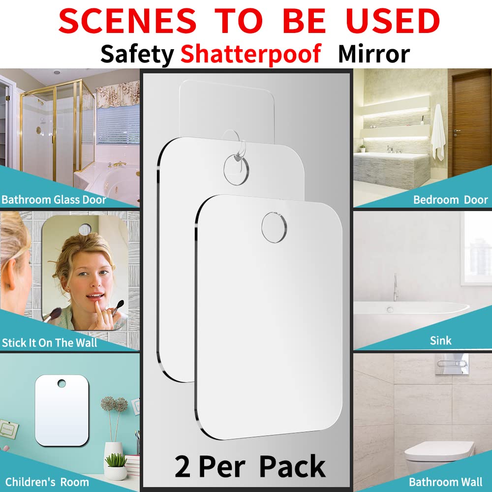 Shower Mirror Fogless for Shaving (2 Pack,Small,6"x4"),Fog Free Shave Mirror Anti Fog,Unbreakable Acrylic Small Mirror Locker,Makeup Travel Wall Hanging,Plastic Handheld Mirror Camp Mirror