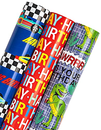 WRAPAHOLIC Birthday Wrapping Paper Roll - Mini Roll - 3 Rolls - 17 Inch X 120 Inch Per Roll - Dinosaurs/Racing Car/Happy Birthday Lettering for Kid's Birthday, Baby Shower
