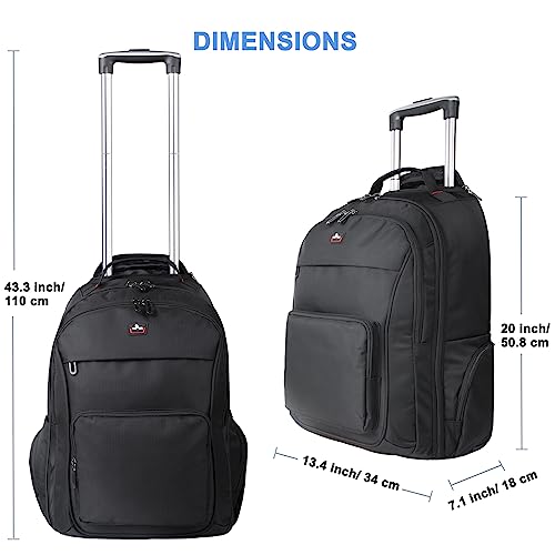 WIRABO Rolling Backpack Travel Wheeled Backpack 15.6 inch Laptop Backpack with Wheels Carry on Luggage Business Trolley Suitcase for Men Women Adults Computer Bag Black