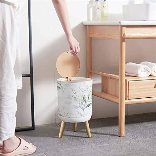 Small Round Trash Can Watercolor Floral Botanical Green Gold Leaves Branches Recycle Bins with Press Top Lid Dog Proof Wastebasket for Kitchen Bathroom Bedroom Office 7L/1.8 Gallon