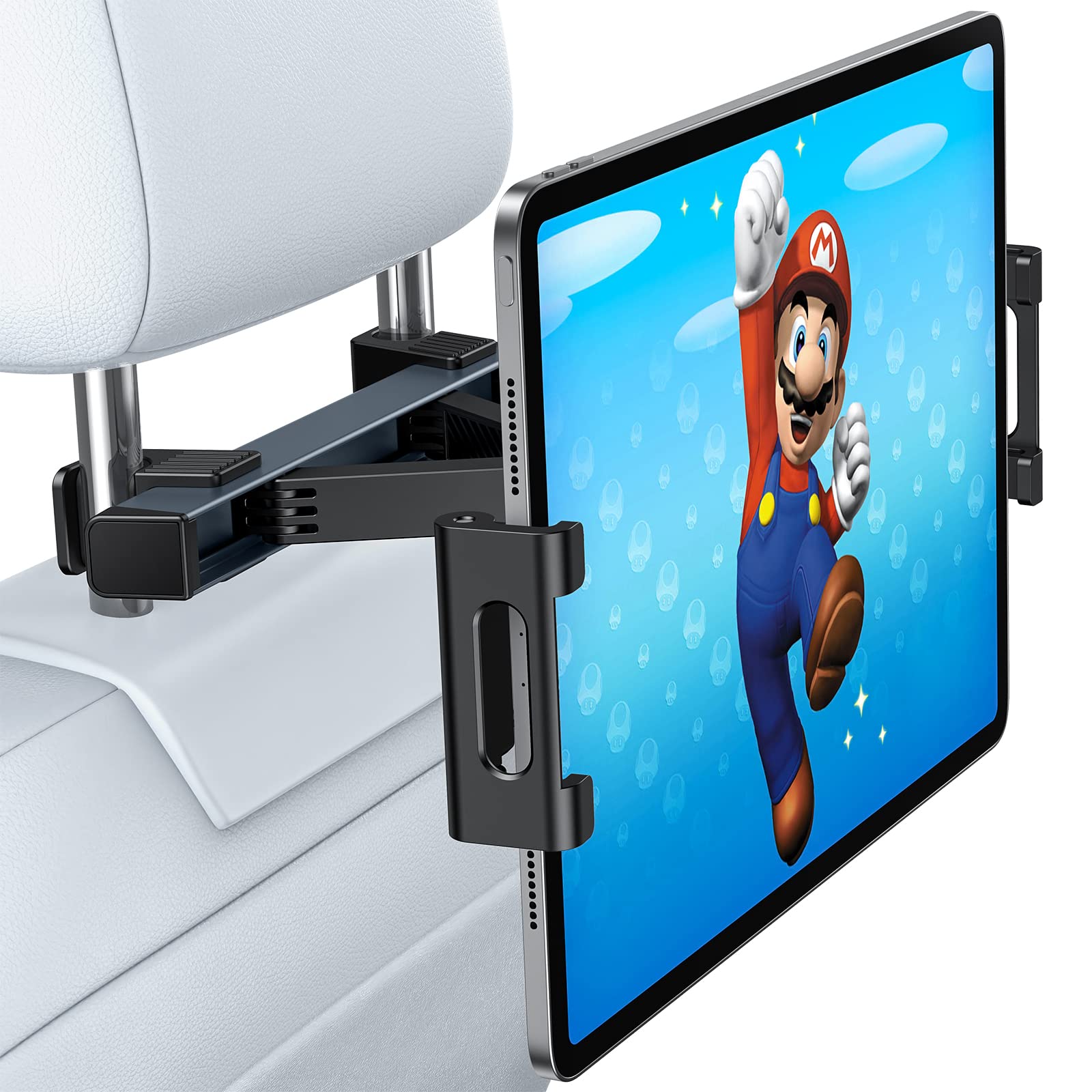 TECURS Car Tablet Headrest Holder - Car Back Seat Headrest Tablet Mount Stand for Kids, Road Trip Essentials, Compatible with iPad Pro/Air/Mini, Nintendo Switch, Other 4.7 to 12.9" Devices, Black