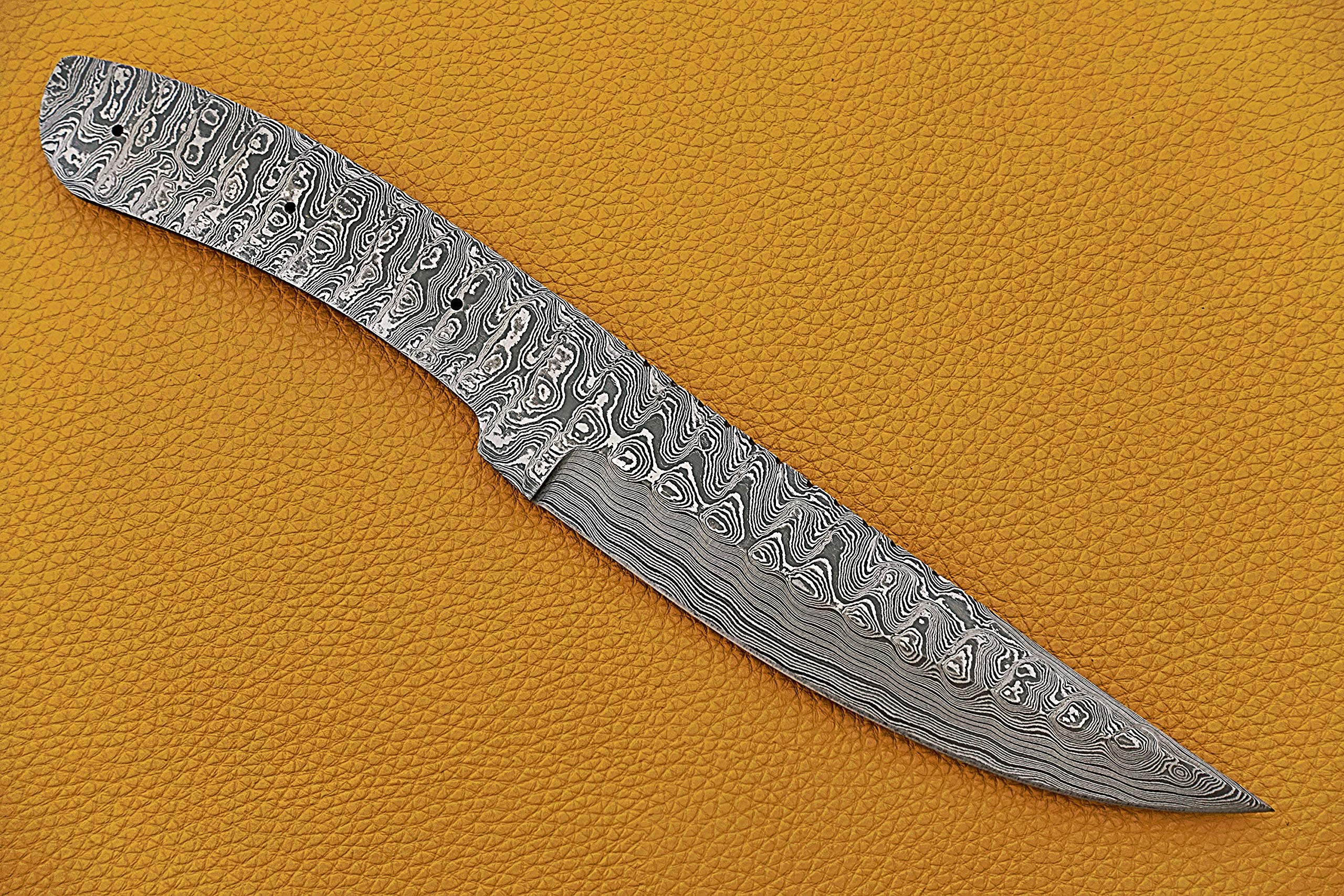 Knife Making, Damascus Steel Blank Blade 11 inches Long Hand Forged Trailing Point Skinning Knife, Hunting Knife with 3 Pin Hole, 6 inches Cutting Edge, 4.5" Scale Space