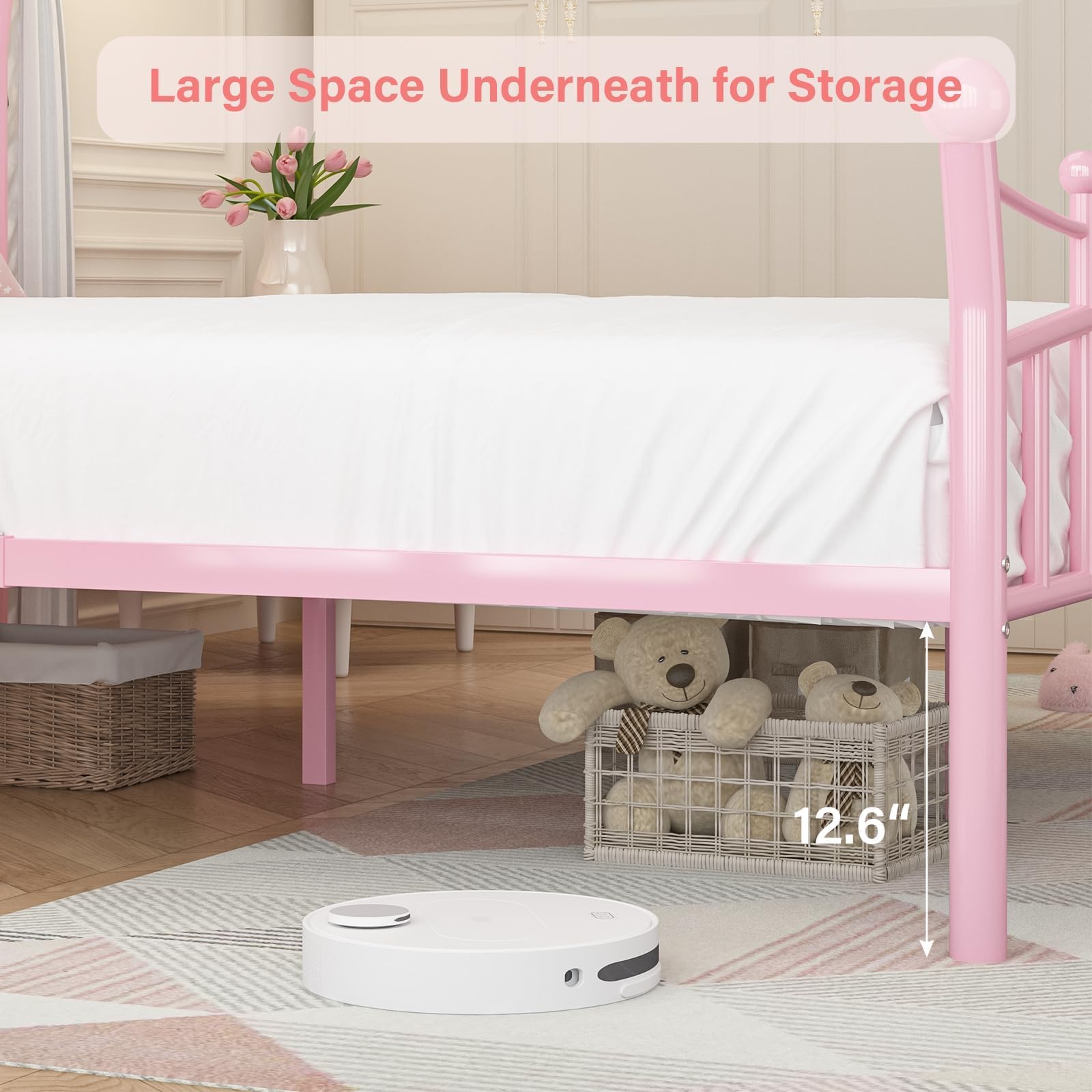 Twin Bed Frame with Crown-Shaped Headboard, Princess Bed for Kids/Girls, Heavy Duty Metal Platform Bed with Iron-Art Headboard and Footboard, No Box Spring Needed, Easy Assembly, White