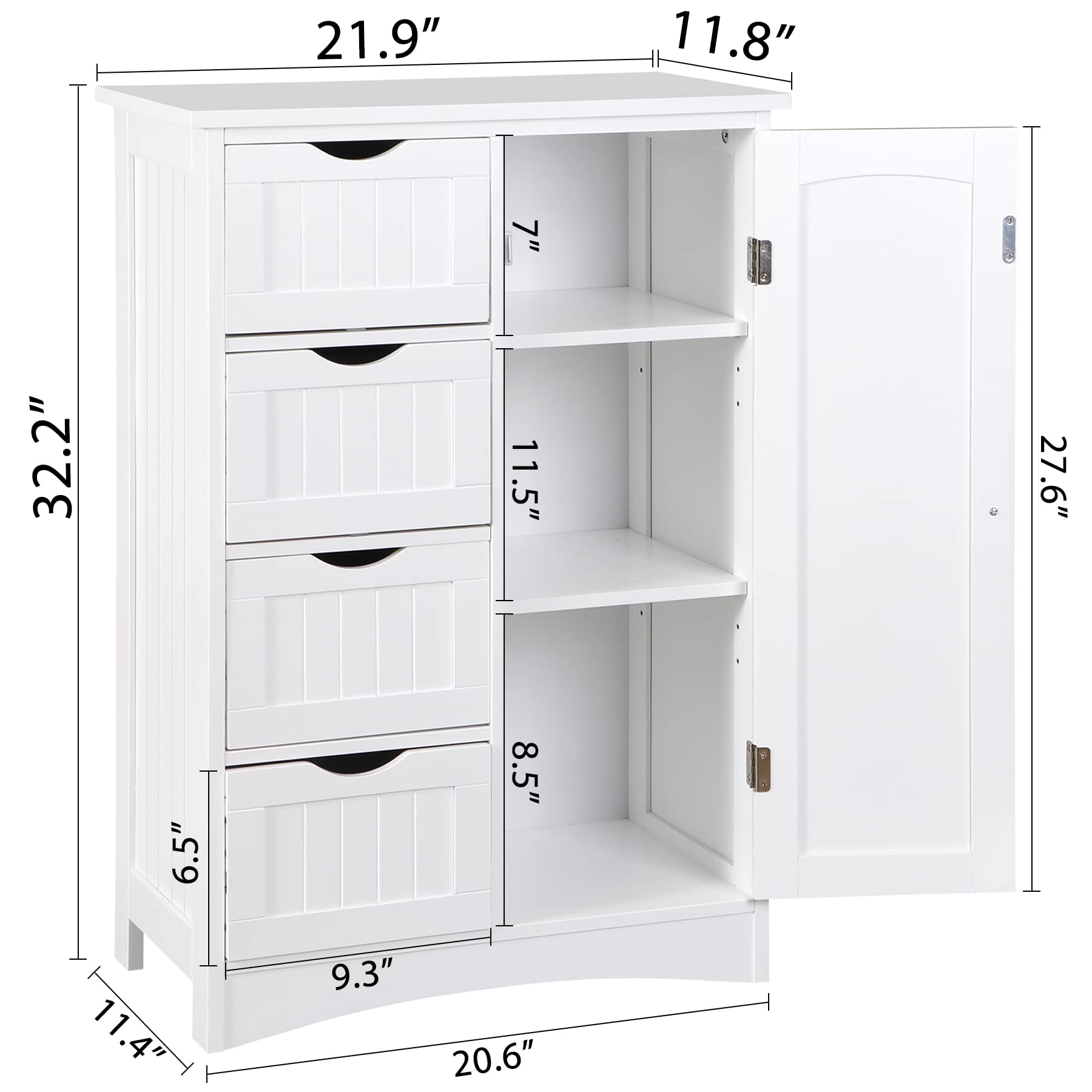 ZENY Bathroom Floor Storage Cabinet, Side Storage Organizer with 4 Drawers and 1 Cupboard, Adjustable Shelf Freestanding Entryway Storage Unit for Living Room/Bathroom, White