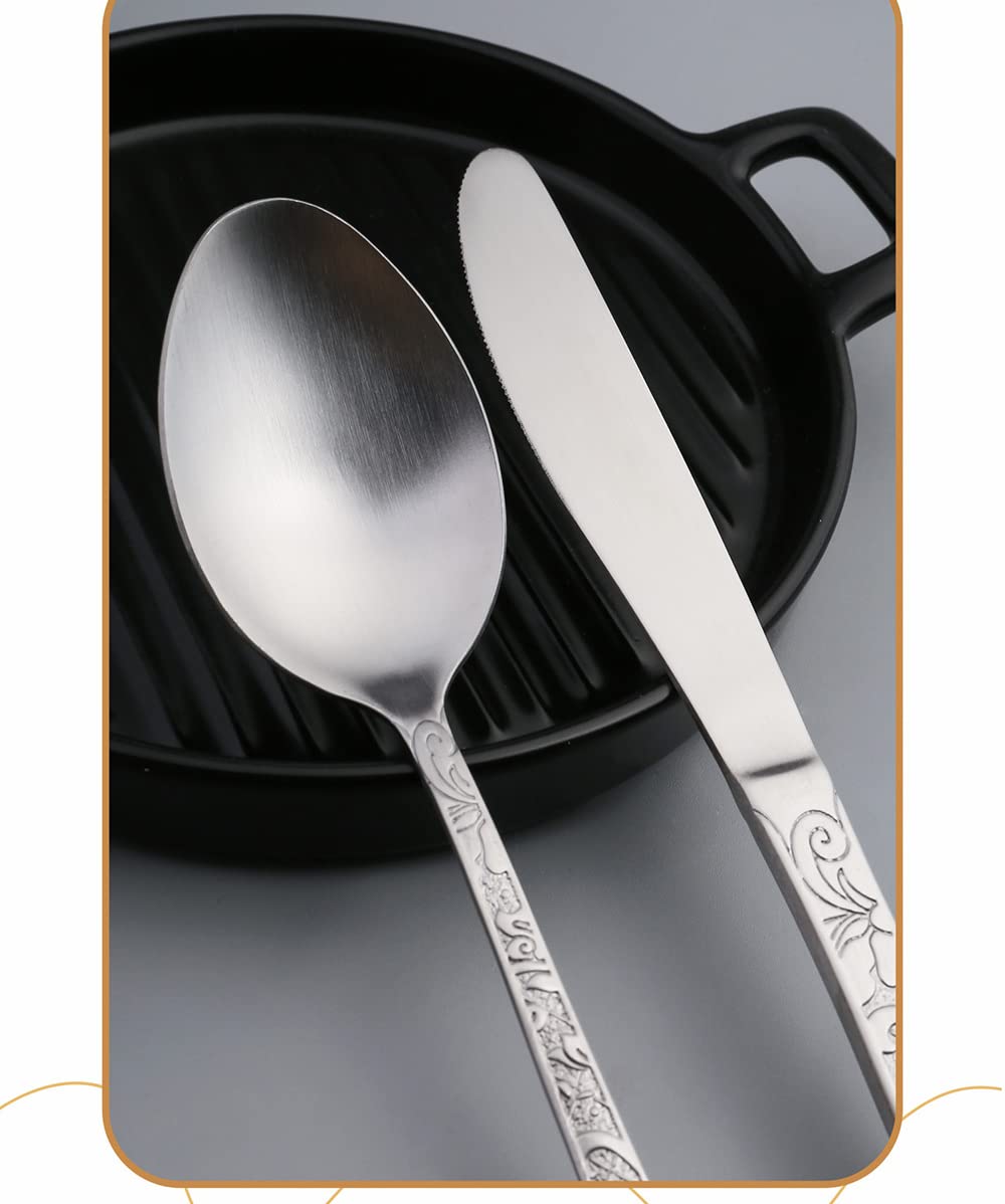 IKXO 35 pcs Stainless Steel Silverware Set Service for 7, Modern Sleek Flatware Set, Include Knife Fork Spoon Long Teaspoon Salad Fork Mirror-Polished Dishwasher Safe carved Cutlery