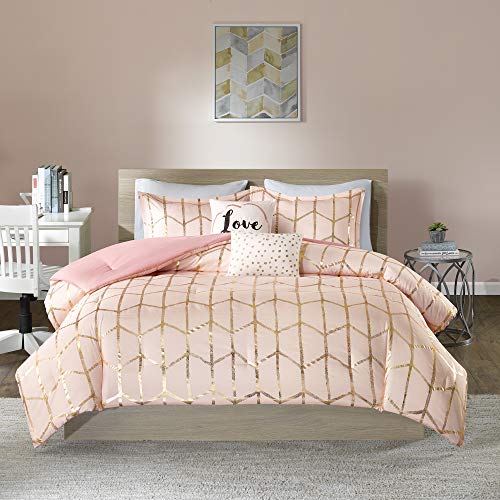 Intelligent Design Raina Comforter Microfiber Metallic Print Geometric Design Embroidered Toss Pillow Modern Trendy Casual All Season Bedding Set Matching Sham, Full/Queen, Blush/Gold 5 Piece