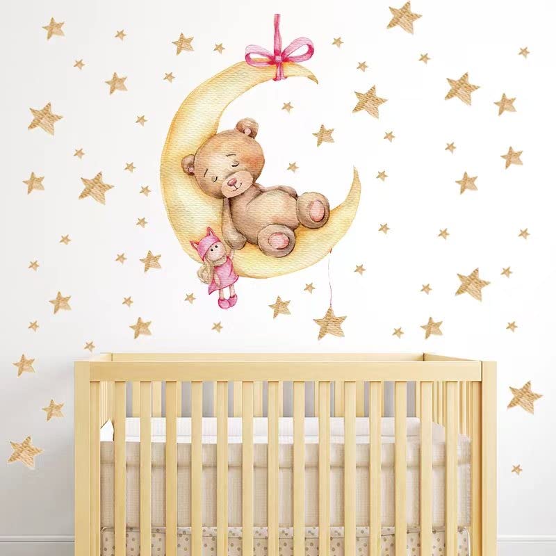 Teddy Bear with Stars Wall Stickers Vinyl Decal Baby Room Decor Nursery Interior Decoration Teddy Bear Wall Decals (Gold)