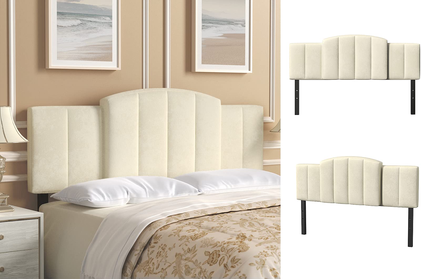 Iccequee Bed Headboard Velvet Upholstered Curved Top Design Full/Queen/King Size 3 in 1, Heights from 37 to 49 inch Adjustable White Set of 1